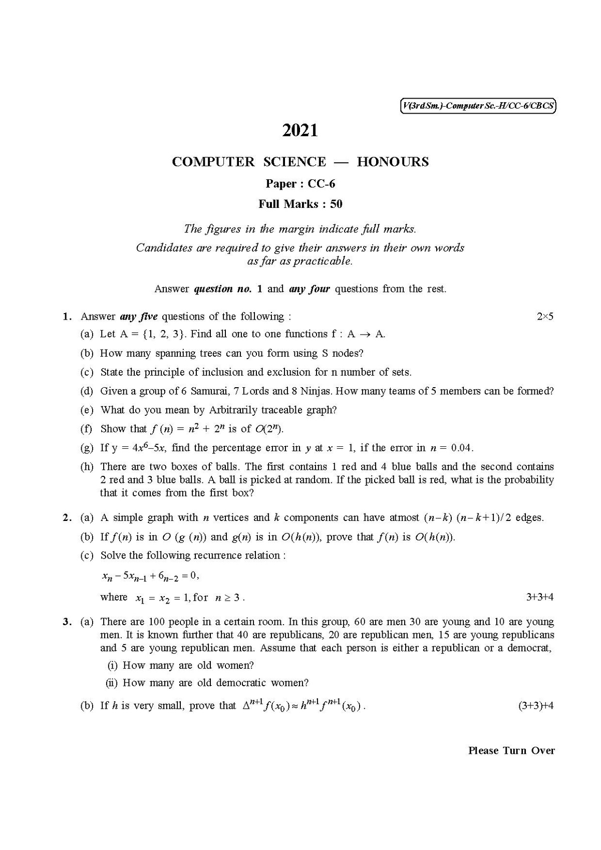 File Cu 2021 B Sc Honours Computer Science Semester 3 Paper Cc 6 Qp