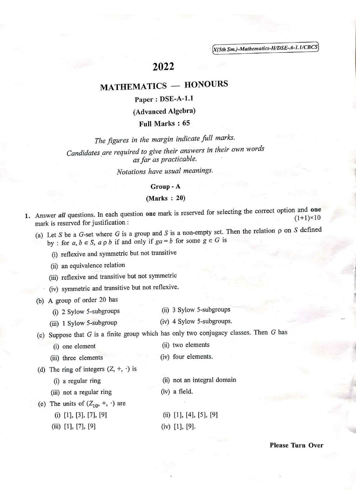 File Cu 2022 B Sc Honours Mathematics Semester 5 Paper Dse A 1 1 Qp