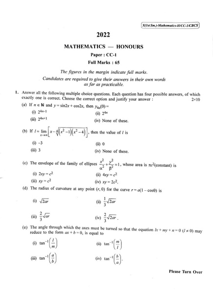 File Cu 2022 B Sc Honours Mathematics Semester 1 Paper Cc 1 Qp Pdf