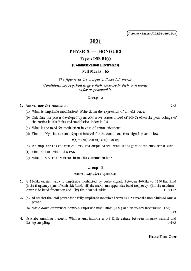 File Cu 2021 B Sc Honours Physics Semester Vi Paper Dse B2 A Qp Pdf