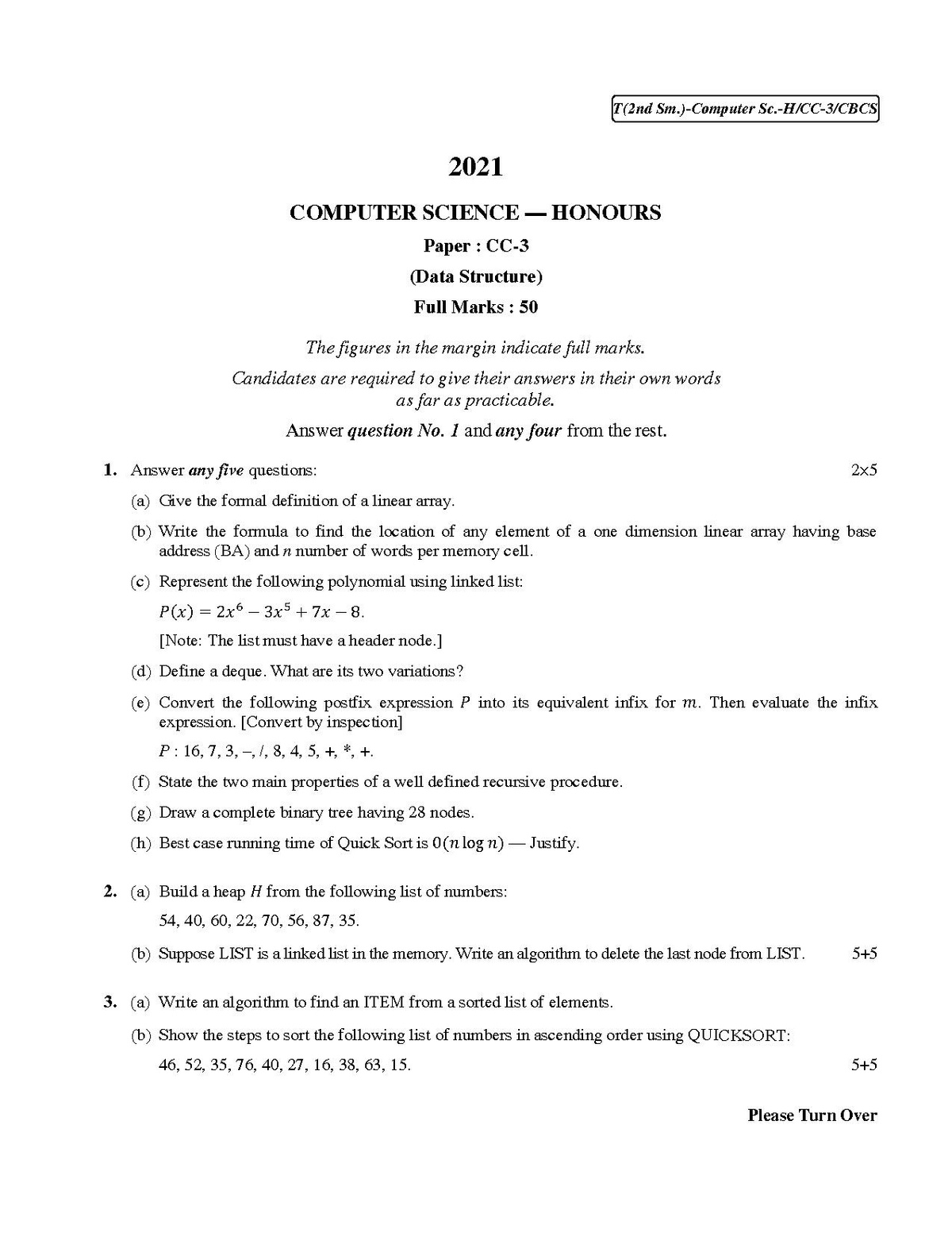 File Cu 2021 B Sc Honours Computer Science Semester Ii Paper Cc 3 Qp