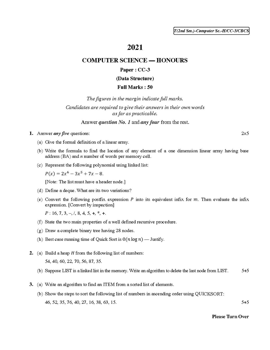 File Cu 2021 B Sc Honours Computer Science Semester Ii Paper Cc 3 Qp