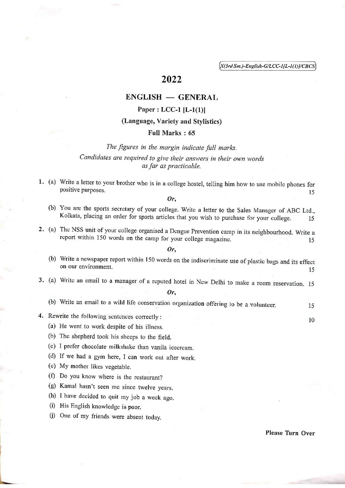File Cu 2022 B A General English Semester 3 Paper Lcc 1 1 Qp Pdf