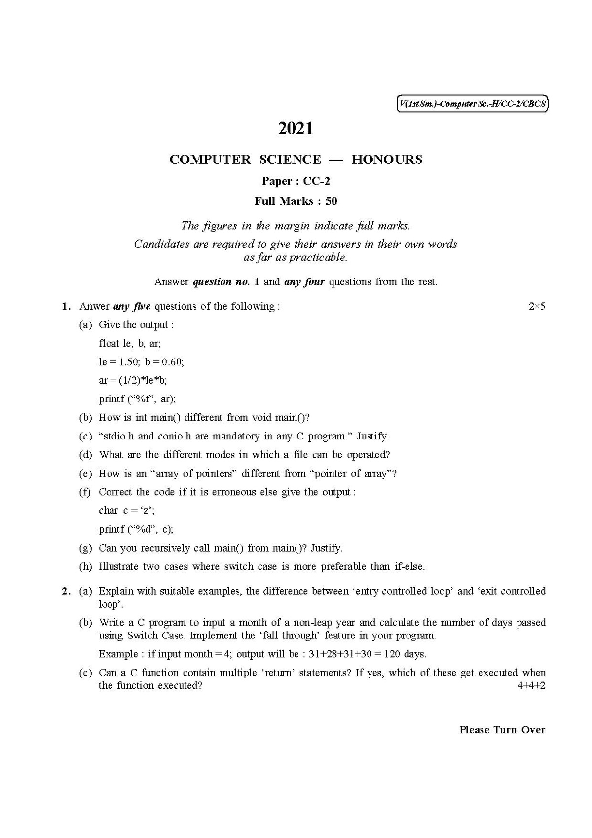 File Cu 2021 B Sc Honours Computer Science Semester 1 Paper Cc 2 Qp