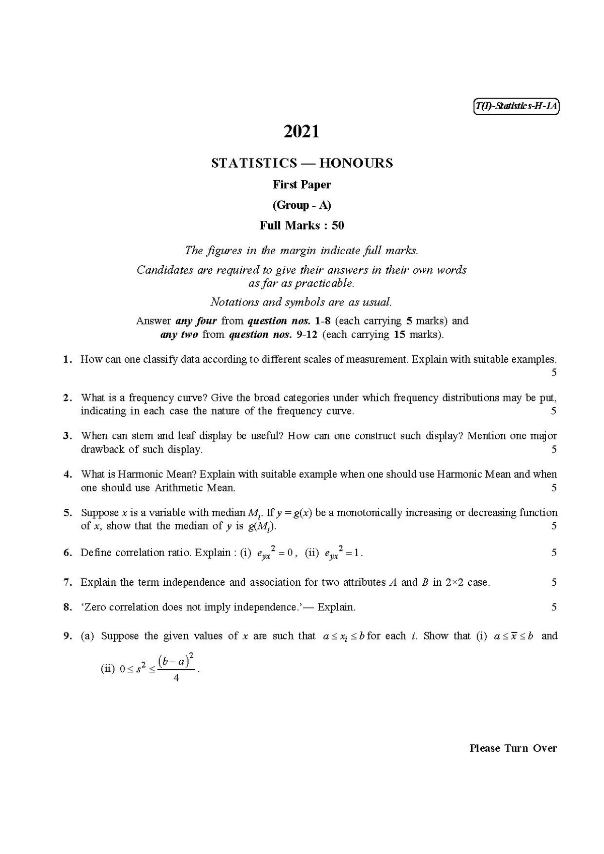 File:CU-2021 B.Sc. (Honours) Statistics Part-I Paper-IA QP.pdf ...