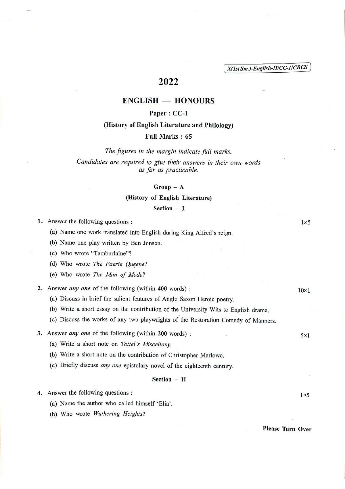 File Cu 2022 B A Honours English Semester 1 Paper Cc 1 Qp Pdf