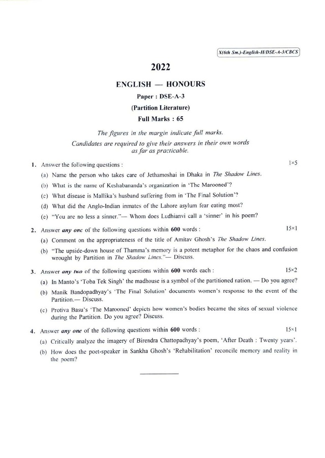 File Cu 2022 B A Honours English Semester 6 Paper Dse A 3 Qp Pdf