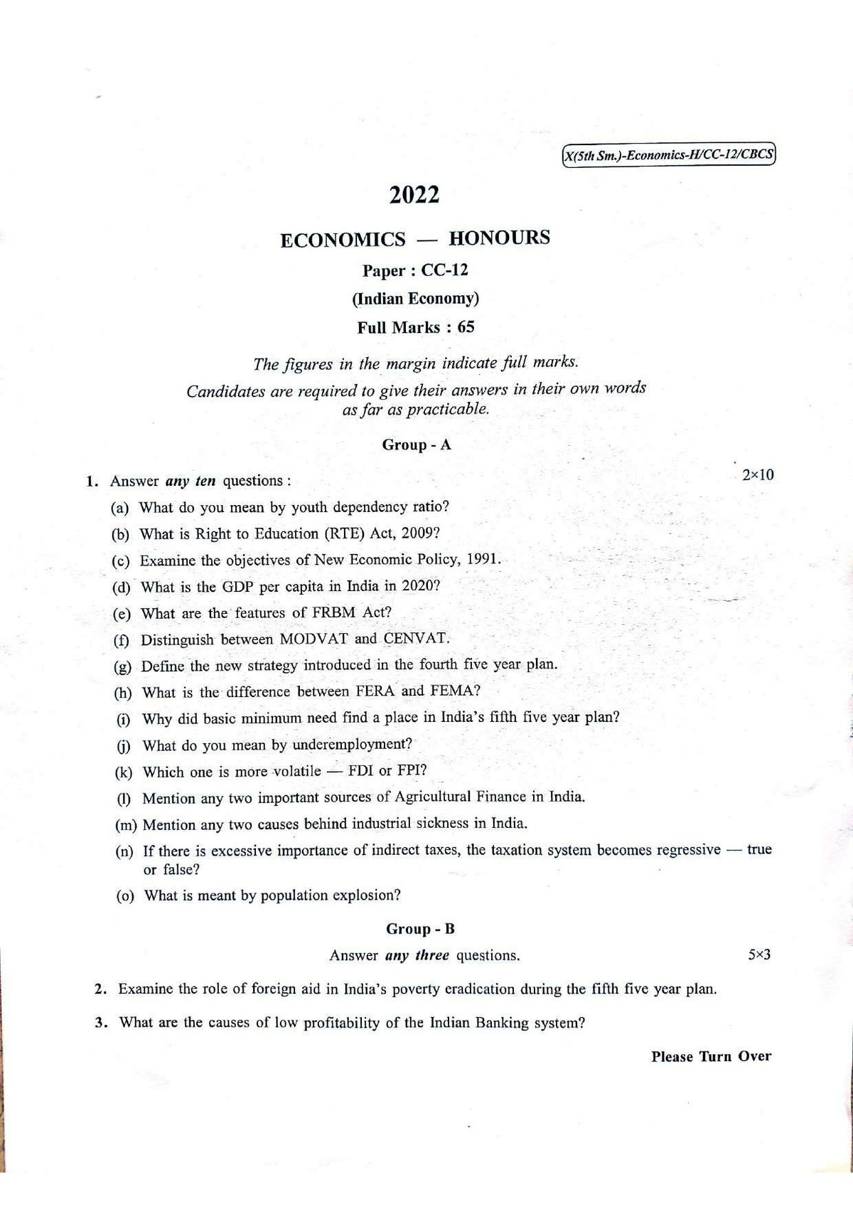 File Cu 2022 B A B Sc Honours Economics Semester 5 Paper Cc 12 Qp