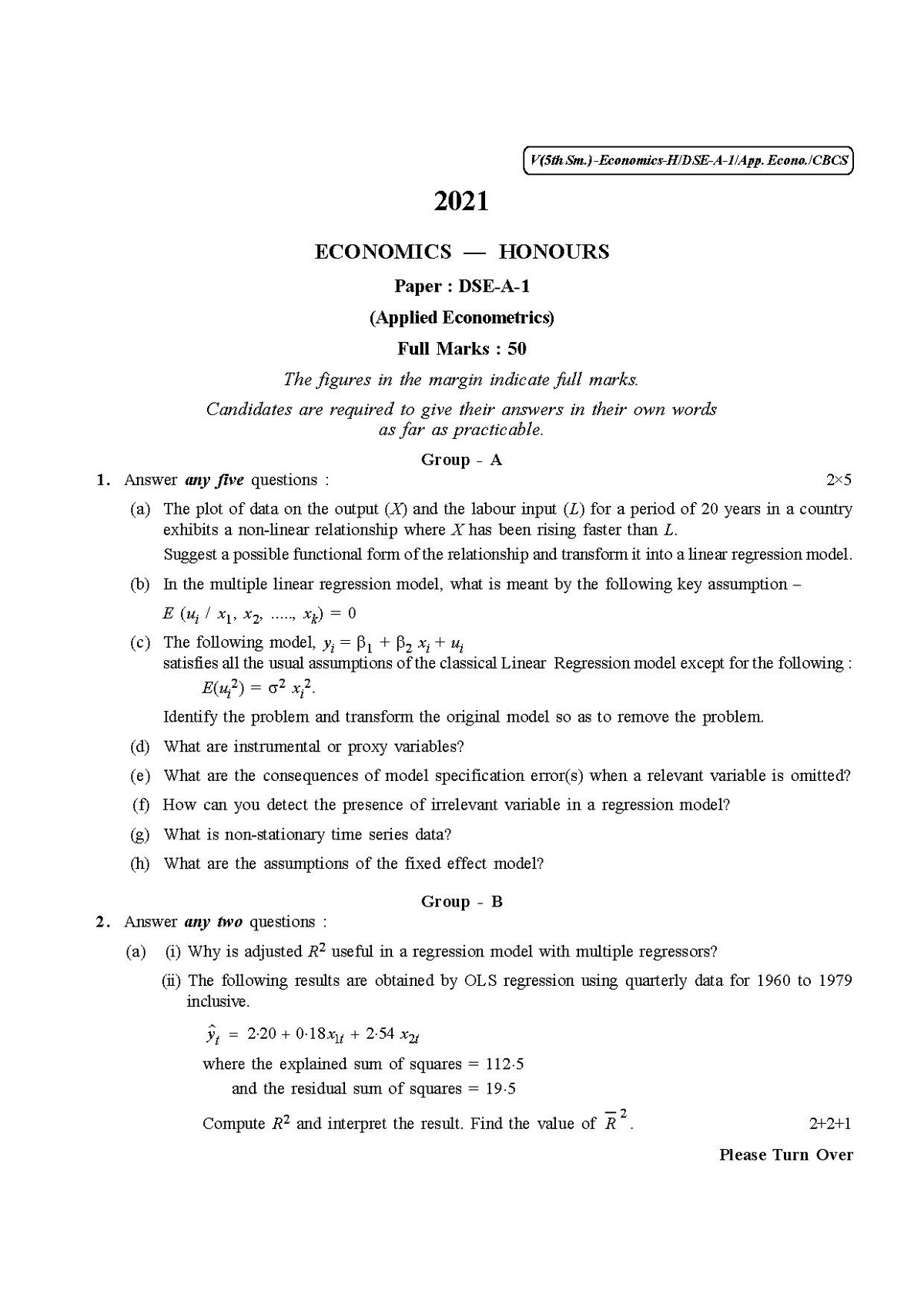 File Cu 2021 B A B Sc Honours Economics Semester 5 Paper Dse A 2 Qp