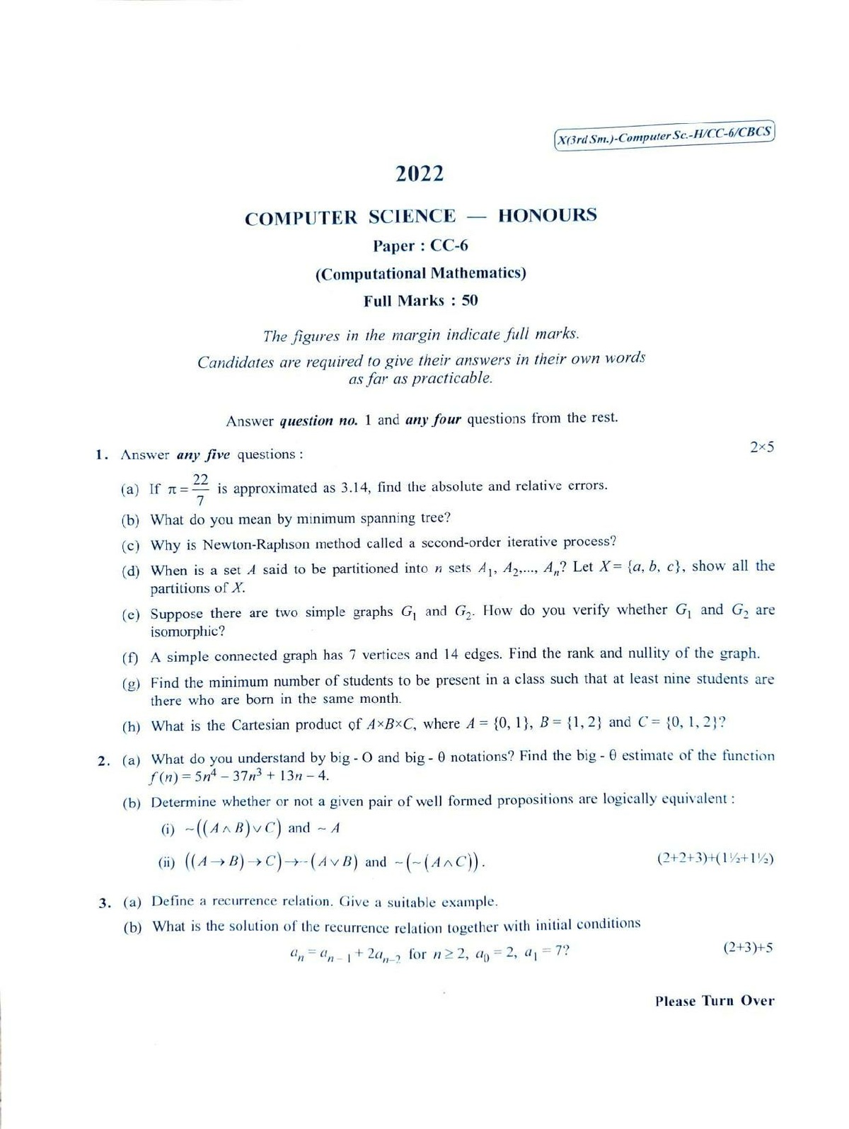 File Cu 2022 B Sc Honours Computer Science Semester 3 Paper Cc 6 Qp