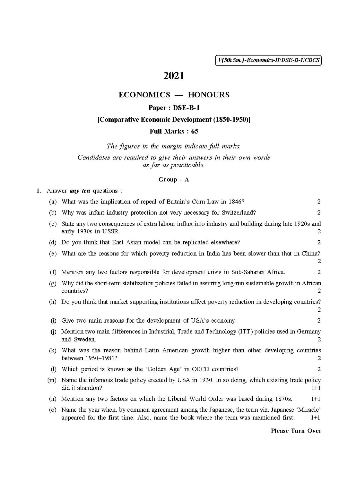 File Cu 2021 B A B Sc Honours Economics Semester 5 Paper Dse B 1 Qp