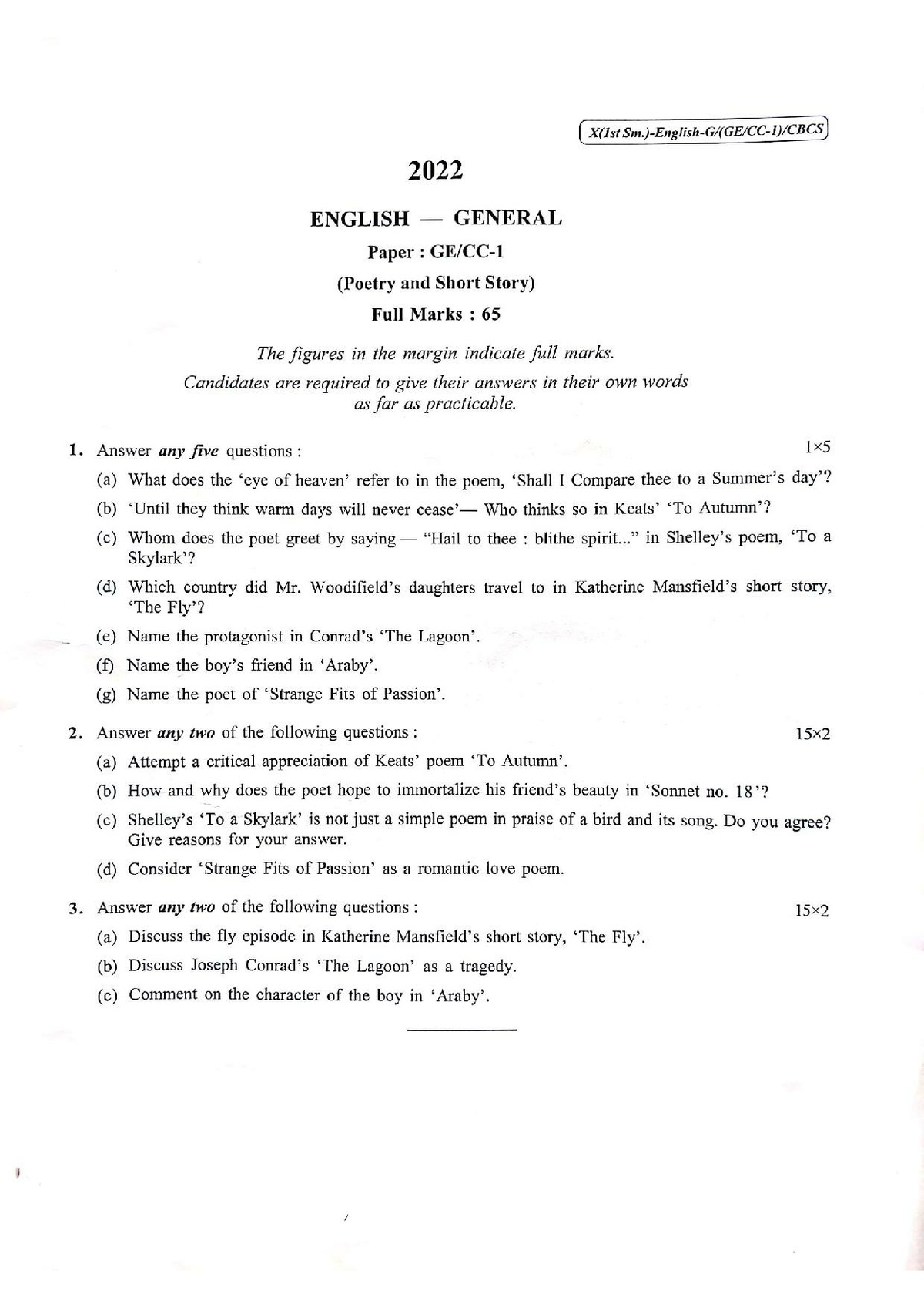 File Cu 2022 B A General English Semester 1 Paper Cc1 Ge1 Qp Pdf
