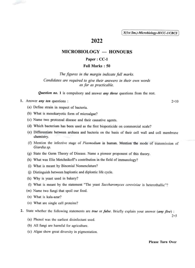 File Cu 2022 B Sc Honours Microbiology Semester 1 Paper Cc 1 Qp Pdf